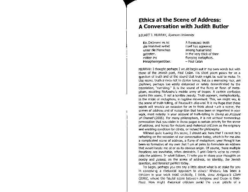 (PDF) Ethics at the Scene of Address: A Conversation with Judith Butler