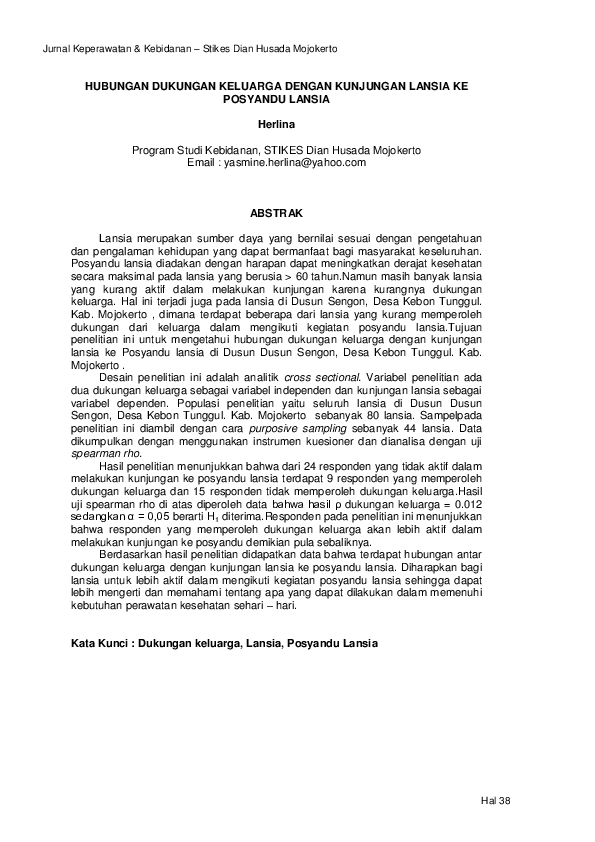 (PDF) HUBUNGAN DUKUNGAN KELUARGA DENGAN KUNJUNGAN LANSIA KE POSYANDU LANSIA Herlina