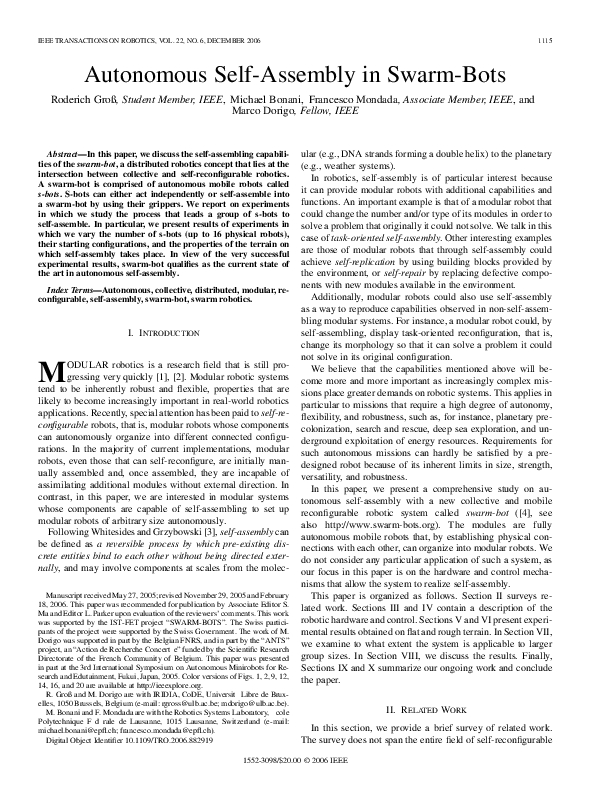 (PDF) Autonomous Self-assembly in a Swarm-bot