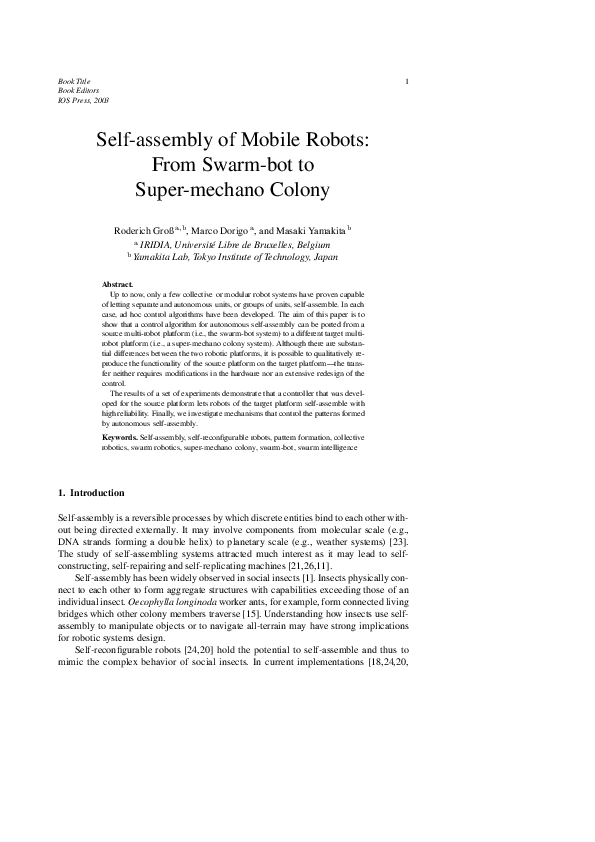 (PDF) Self-assembly of Mobile Robots: From Swarm-bot to Super-mechano Colony