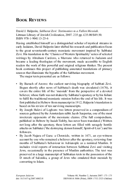 (PDF) Marc Saperstein, “Review of ‘Sabbatai Zevi: Testimonies to a ...