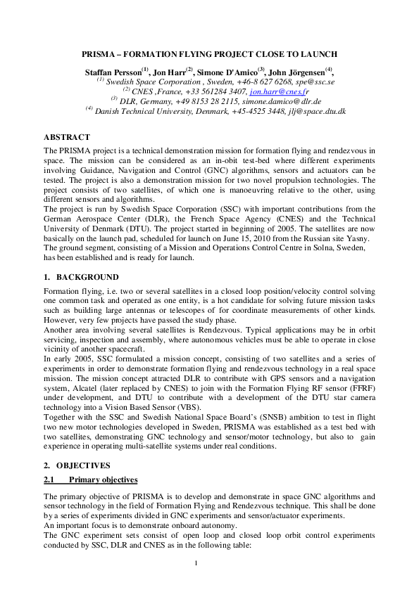 (PDF) PRISMA - Formation Flying Project Close to Launch