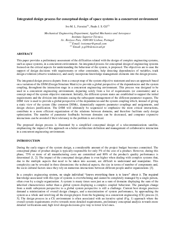(PDF) Integrated design process for conceptual design of space systems in a concurrent environment