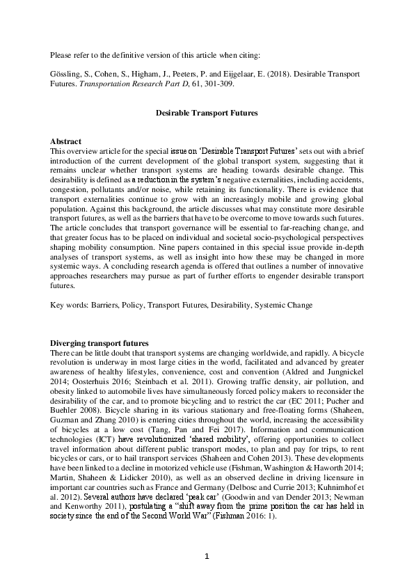 (PDF) Desirable transport futures | Stefan Gössling and Scott Cohen ...