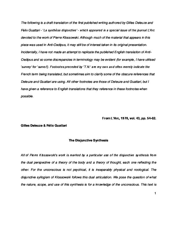 (DOC) Deleuze and Guattari - The Disjunctive Synthesis (1970)