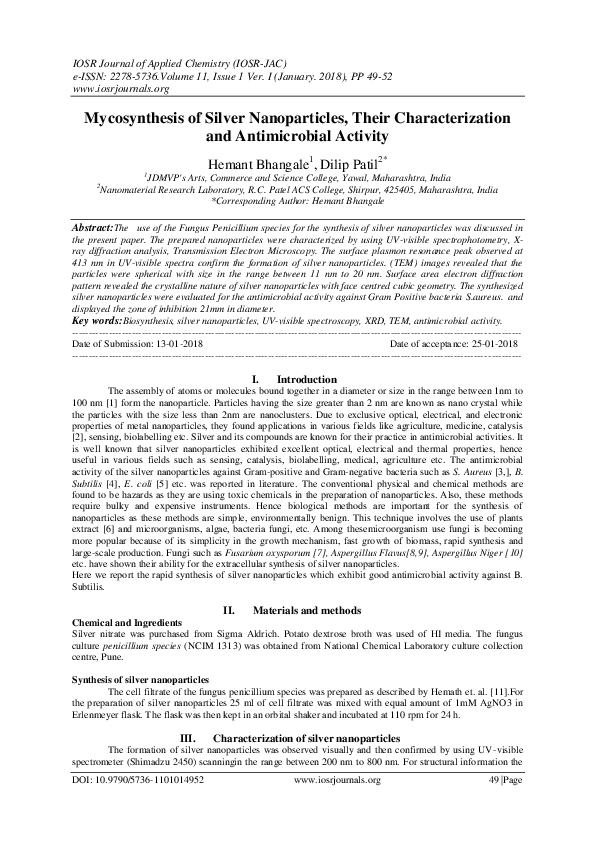 (PDF) Mycosynthesis of Silver Nanoparticles, Their Characterization and Antimicrobial Activity