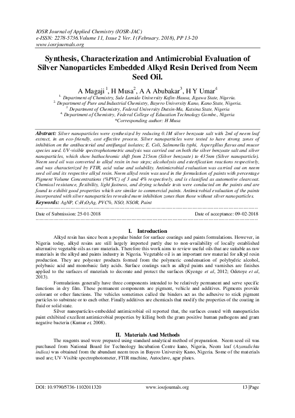 (PDF) Synthesis, Characterization and Antimicrobial Evaluation of Silver Nanoparticles Embedded ...