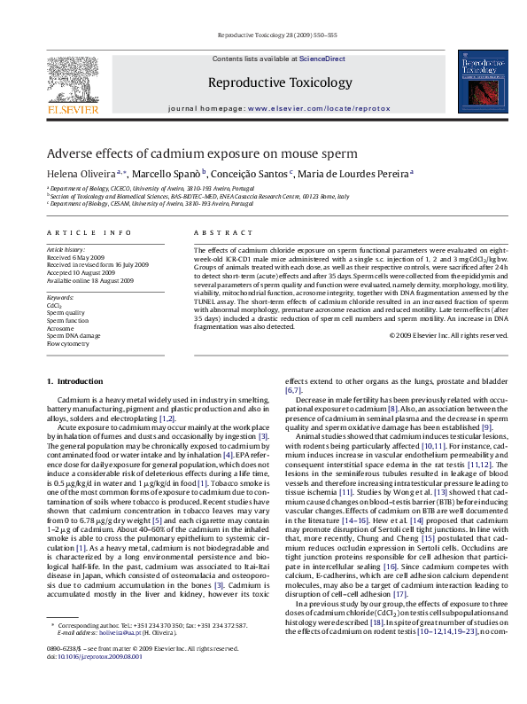 Pdf Adverse Effects Of Cadmium Exposure On Mouse Sperm