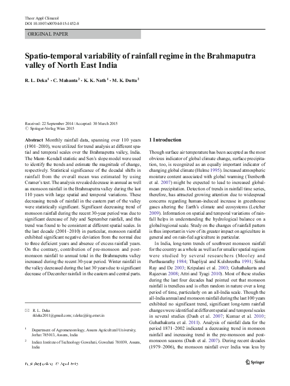 (PDF) Spatio-temporal variability of rainfall regime in the Brahmaputra valley of North East India