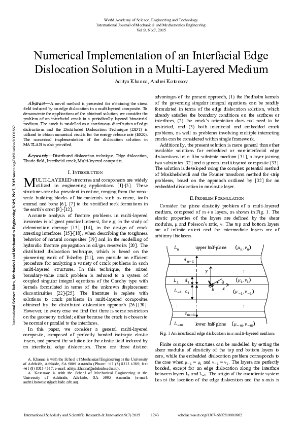(PDF) Numerical Implementation of an Interfacial Edge Dislocation Solution in a Multi Layered Medium