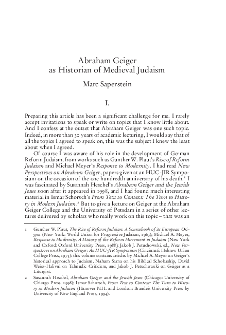(PDF) Marc Saperstein, “Abraham Geiger as a Historian of Medieval ...