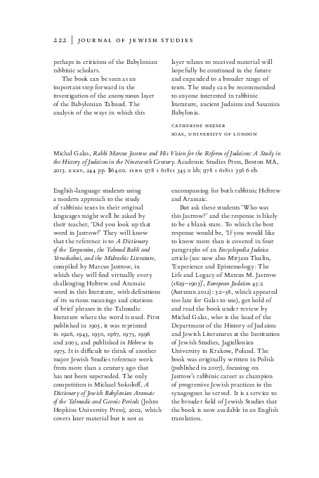 (PDF) Marc Saperstein, “Review of ‘Rabbi Marcus Jastrow and His Vision ...