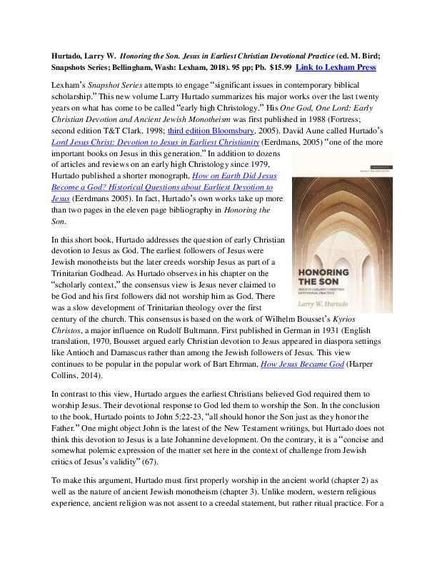 (PDF) Larry W. Hurtado, Honoring the Son. Jesus in Earliest Christian ...