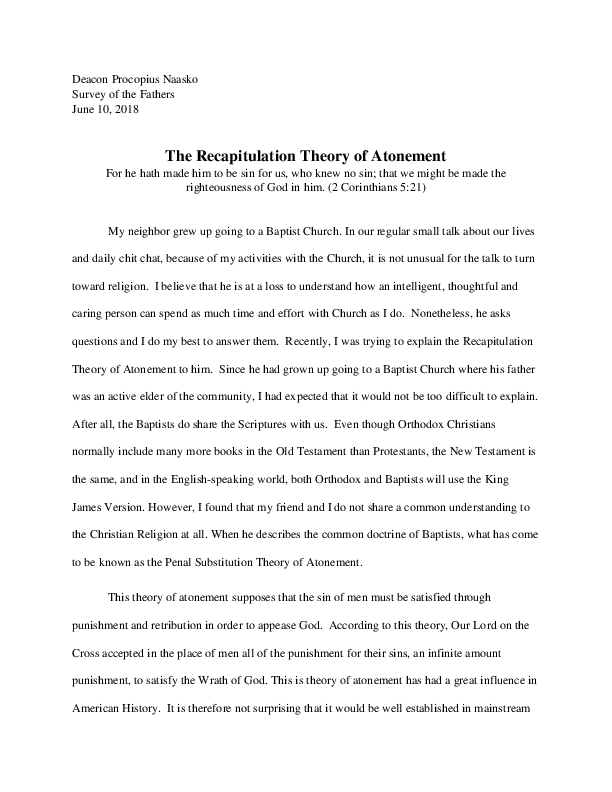 (DOC) The Recapitulation Theory of Atonement