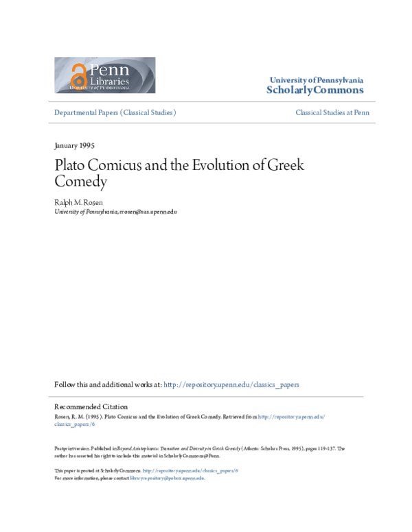 (PDF) Plato Comicus and the Evolution of Greek Comedy