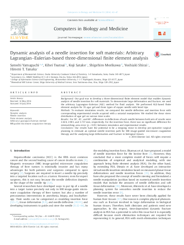Pdf Dynamic Analysis Of A Needle Insertion For Soft Materials Arbitrary Lagrangian Eulerian