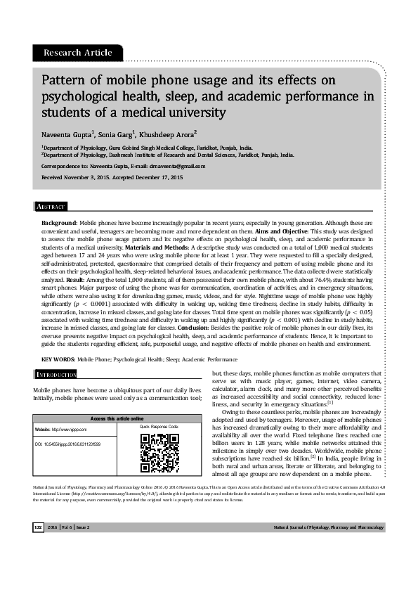 (PDF) Pattern of mobile phone usage and its effects on psychological ...