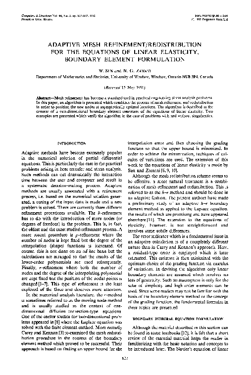 (PDF) Adaptive mesh refinement/redistribution for the equations of linear elasticity, boundary ...