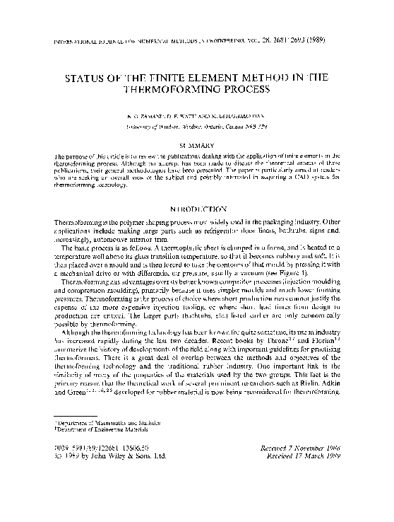 Pdf Status Of The Finite Element Method In The Thermoforming Process