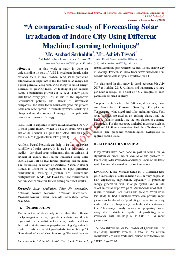 (PDF) " A comparative study of Forecasting Solar irradiation of Indore City Using Different ...