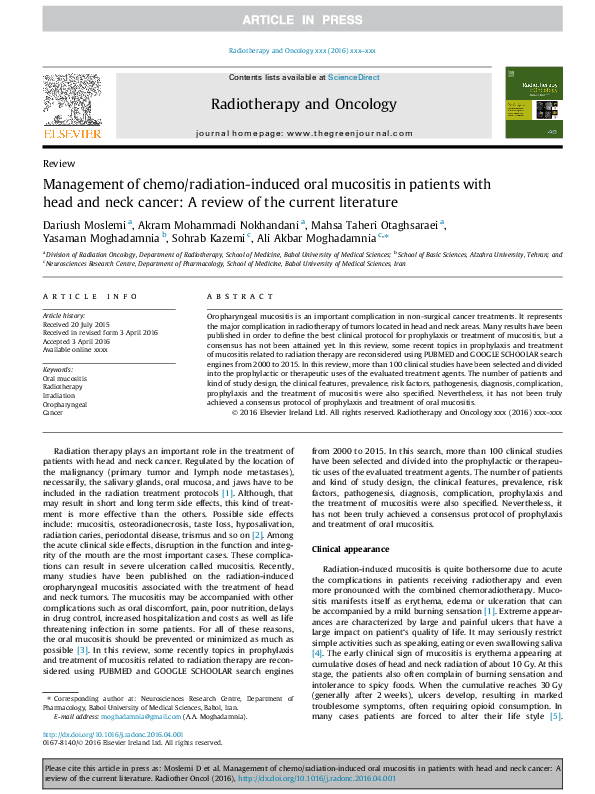 (PDF) Management of chemo/radiation-induced oral mucositis in patients with head and neck cancer ...