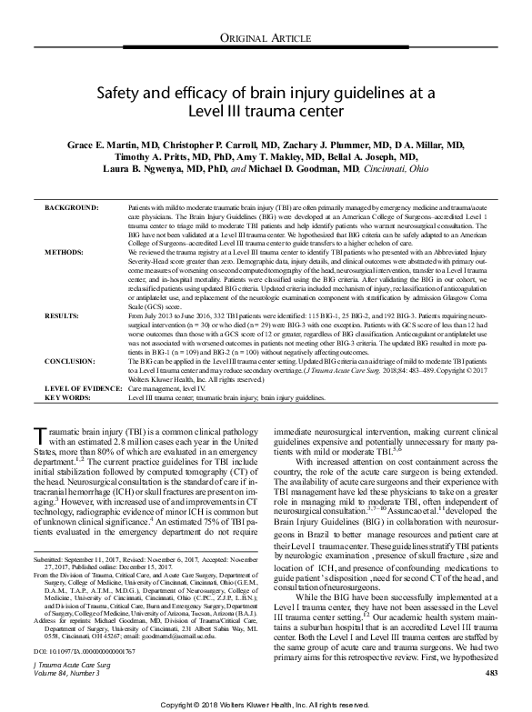 (PDF) Safety and efficacy of brain injury guidelines at a Level III ...