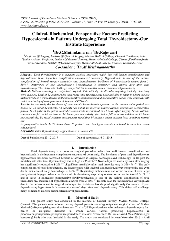 (PDF) Clinical, Biochemical, Peroperative Factors Predicting Hypocalcemia in Patients Undergoing ...