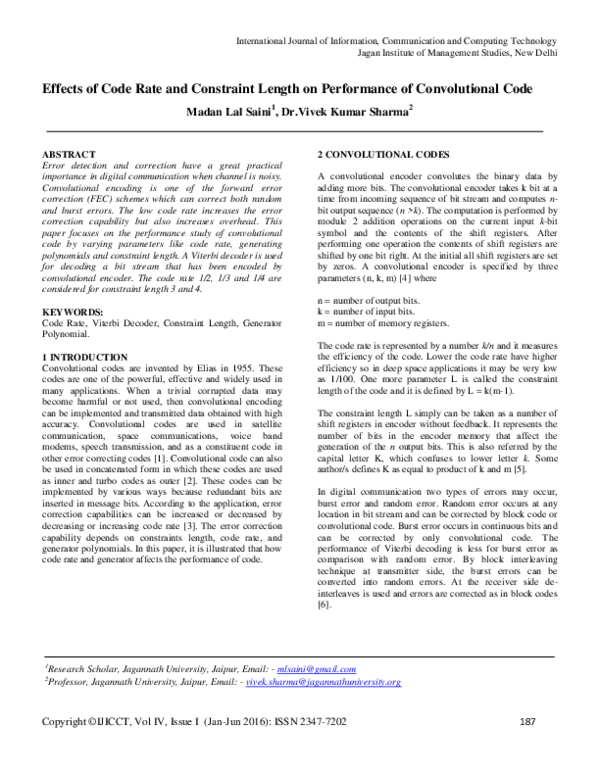 Pdf Effects Of Code Rate And Constraint Length On Performance Of