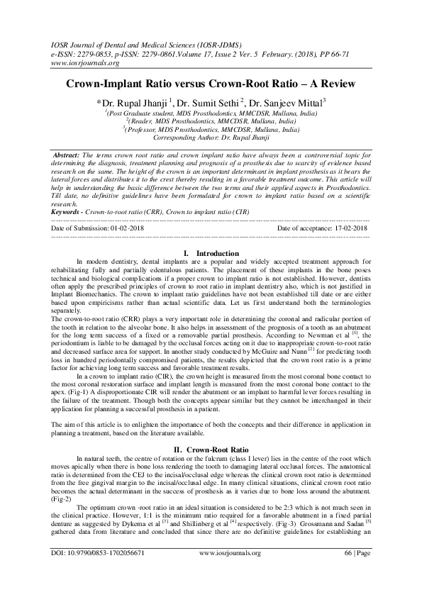 (PDF) Crown-Implant Ratio versus Crown-Root Ratio – A Review