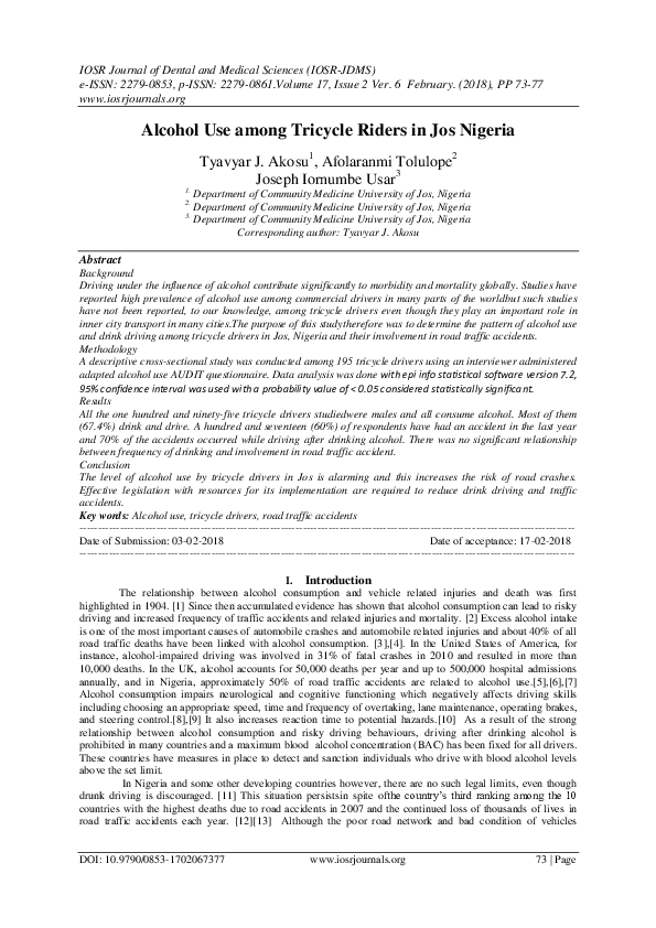 (PDF) Alcohol Use among Tricycle Riders in Jos Nigeria