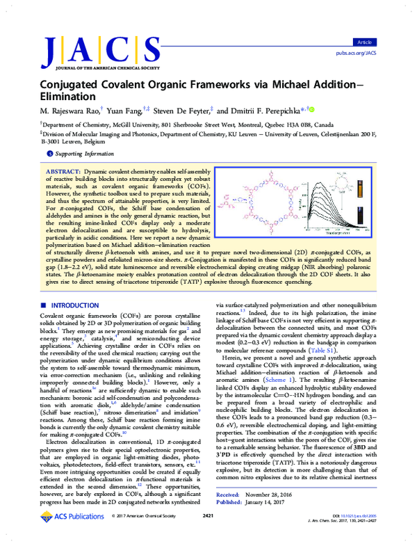 (PDF) Conjugated Covalent Organic Frameworks via Michael Addition− Elimination