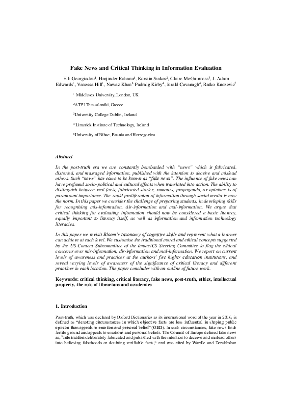 (PDF) Fake News and Critical Thinking in Information Evaluation