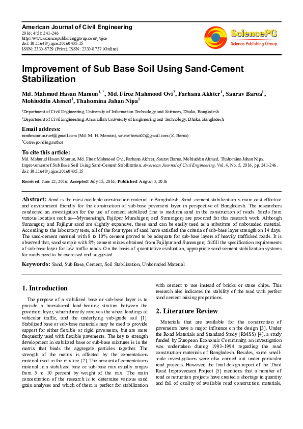 (PDF) Improvement of Sub Base Soil Using Sand-Cement Stabilization