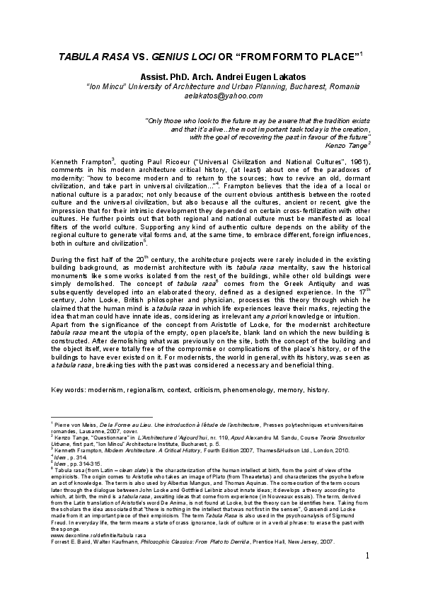(PDF) Tabula Rasa vs. Genius Loci or "From Form to Place"