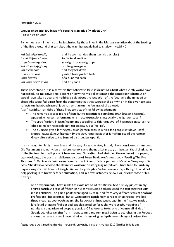 (PDF) Hawarden 2015 Groups of 50 and 100 in Mark's Feeding Narrative (Mark 6:30-44) Piet van ...