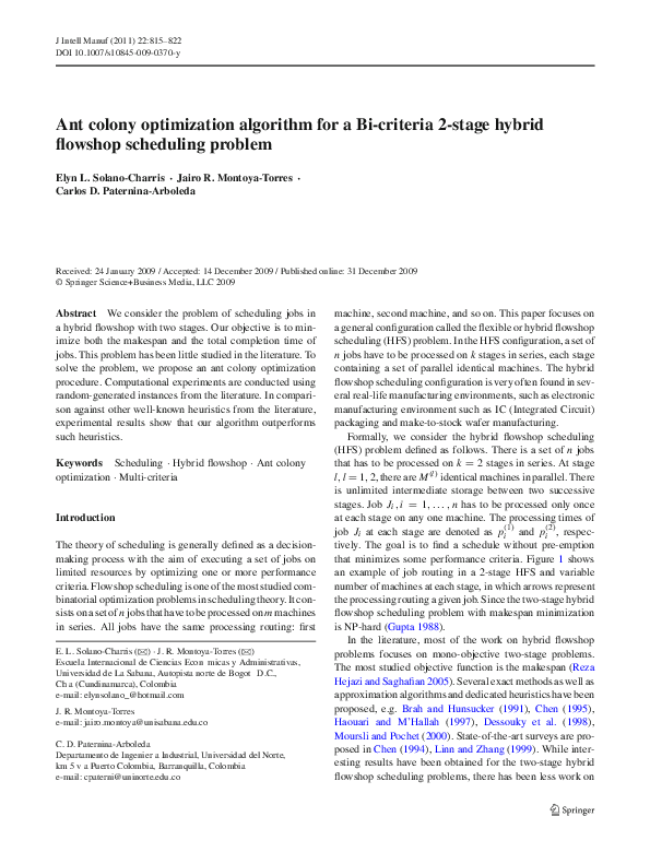 Pdf Ant Colony Optimization Algorithm For A Bi Criteria 2 Stage Hybrid Flowshop Scheduling Problem