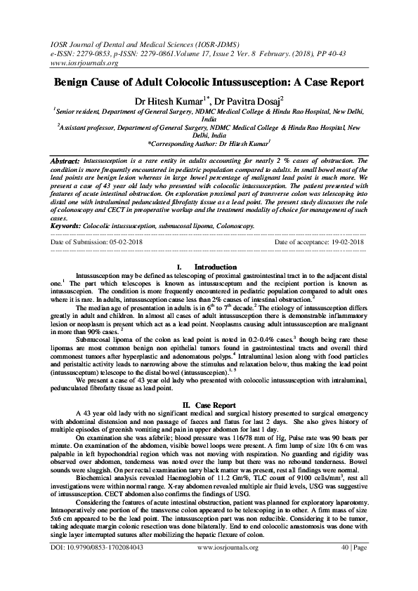 Pdf Benign Cause Of Adult Colocolic Intussusception A Case Report