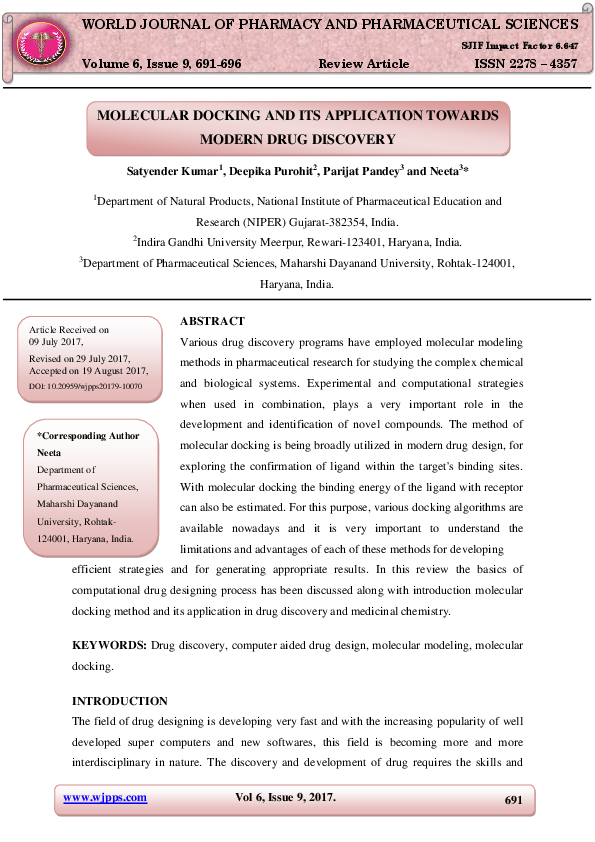 (PDF) MOLECULAR DOCKING AND ITS APPLICATION TOWARDS MODERN DRUG DISCOVERY