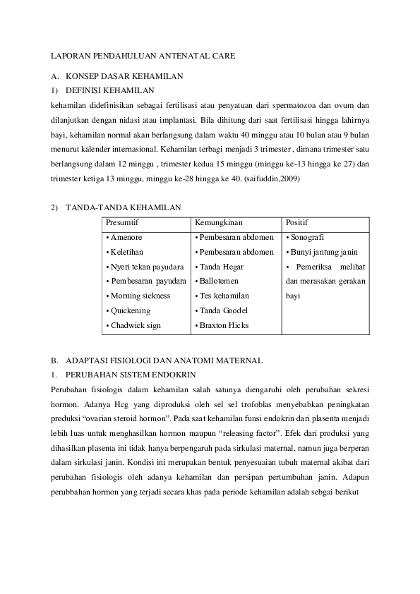 (DOC) LAPORAN PENDAHULUAN ANTENATAL CARE