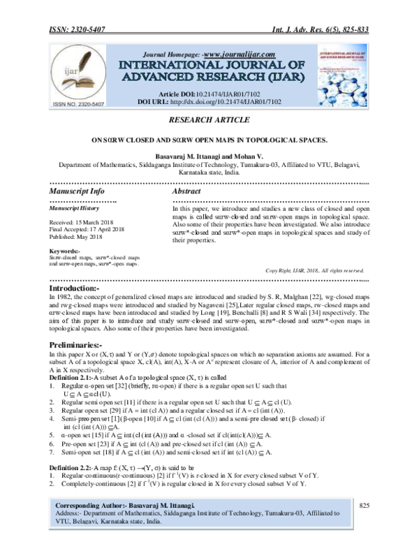 (PDF) ON SΑRW CLOSED AND SΑRW OPEN MAPS IN TOPOLOGICAL SPACES. | IJAR Indexing - Academia.edu