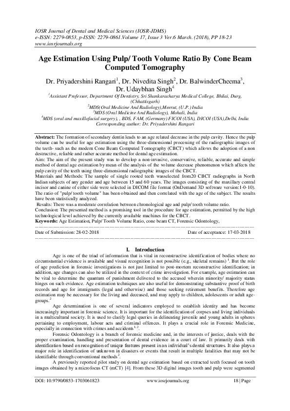 (PDF) Age Estimation Using Pulp/ Tooth Volume Ratio By Cone Beam Computed Tomography