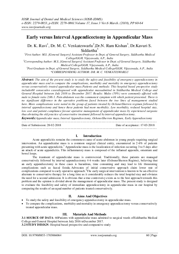 (PDF) Early versus Interval Appendicectomy in Appendicular Mass