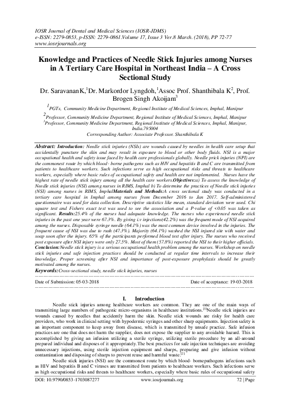 (PDF) Knowledge and Practices of Needle Stick Injuries among Nurses in ...