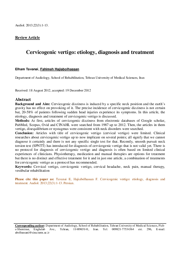 (PDF) Cervicogenic vertigo: etiology, diagnosis and treatment