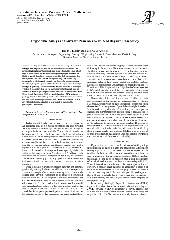 (PDF) Ergonomic Analysis of Aircraft Passenger Seat: A Malaysian Case Study