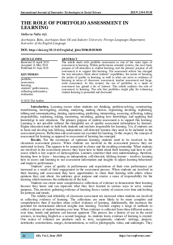 (PDF) THE ROLE OF PORTFOLIO ASSESSMENT IN LEARNING