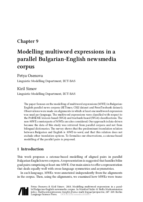 (PDF) Modelling multiword expressions in a parallel Bulgarian-English newsmedia corpus | Petya ...