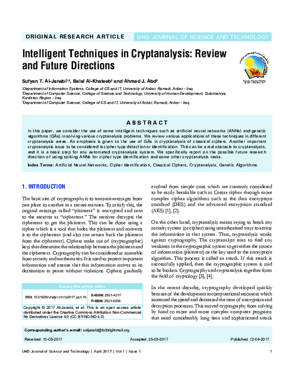 (PDF) Intelligent Techniques in Cryptanalysis: Review and Future Directions