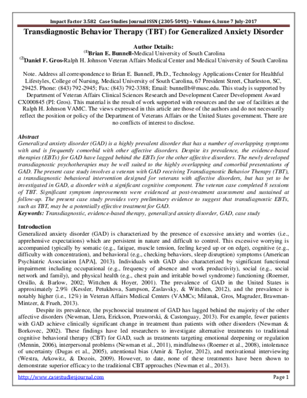 (PDF) Transdiagnostic Behavior Therapy (TBT) for Generalized Anxiety ...