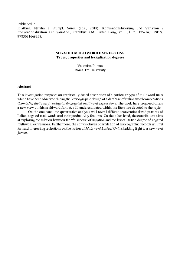 (PDF) Negated Multiword Expressions. Types, properties and lexicalization degrees